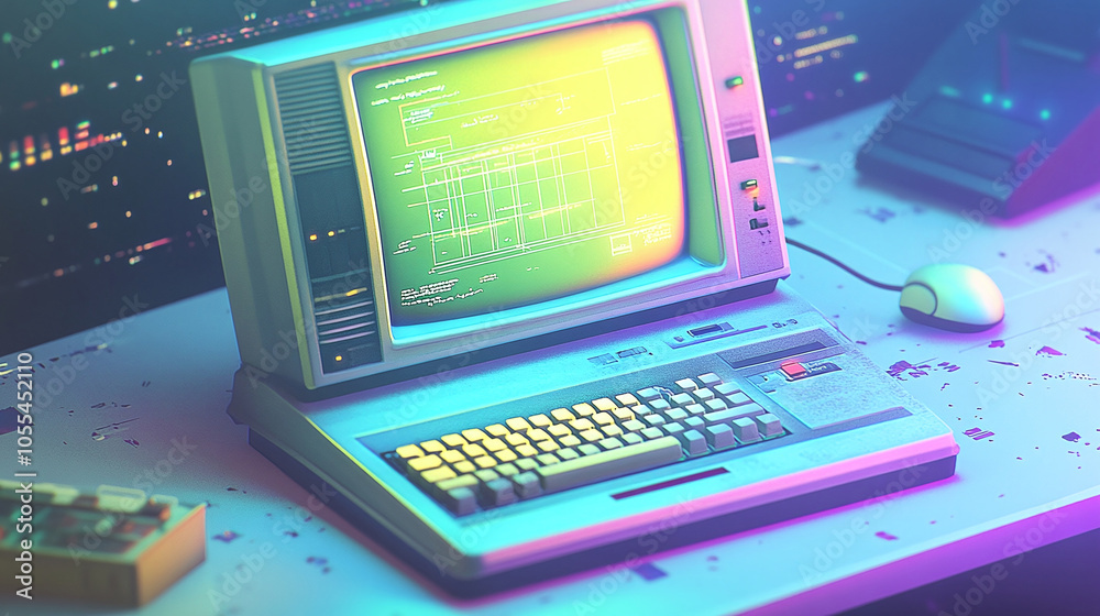 A vintage computer with a bulky monitor, old-school keyboard, and neon ...