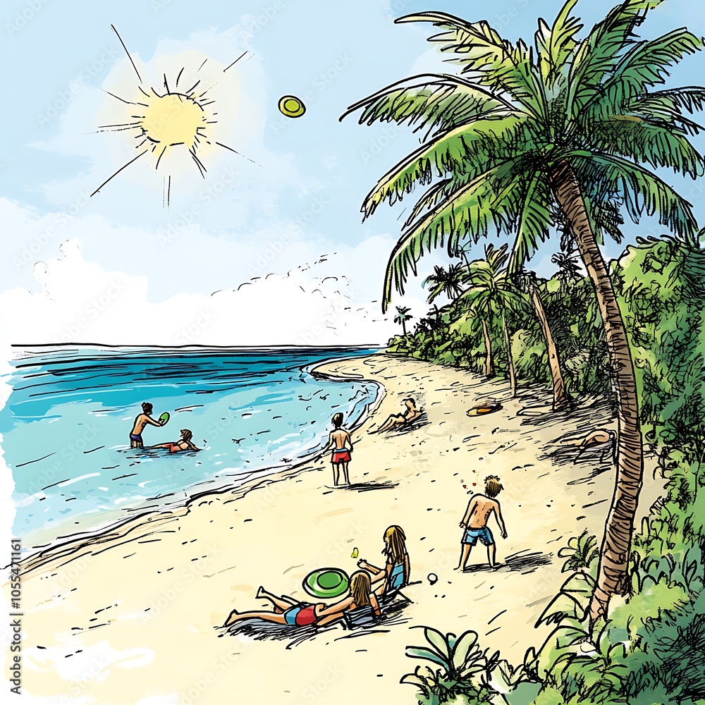 Cartoon beach scene with people playing frisbee and sunbathing on a ...