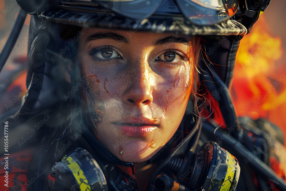 Close-up of a young Caucasian female firefighter, displaying ...
