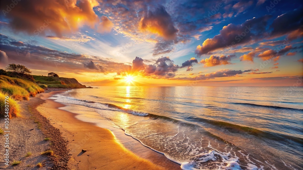 Seaside landscape at sunrise with warm colors and gentle light, beach ...