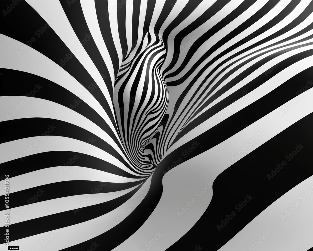 Black and white zebra pattern twisted into dynamic swirls and curves ...