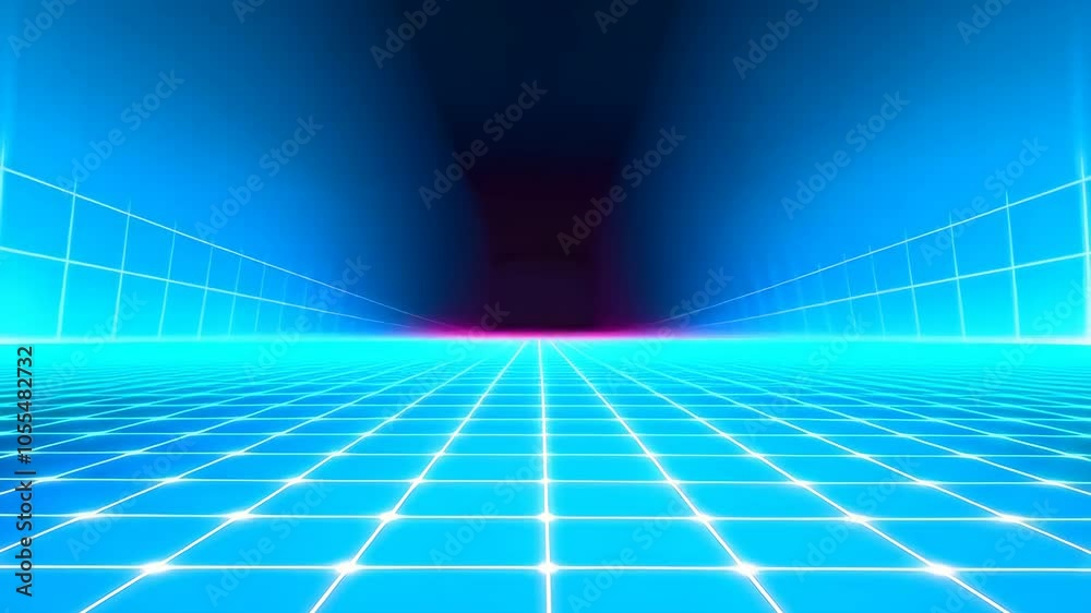 Futuristic retro landscape. Digital cyber surface with neon light grid ...