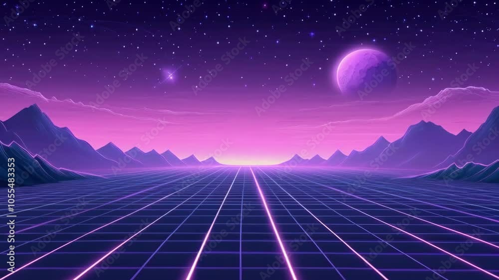 Futuristic retro landscape. Digital cyber surface with neon light grid ...