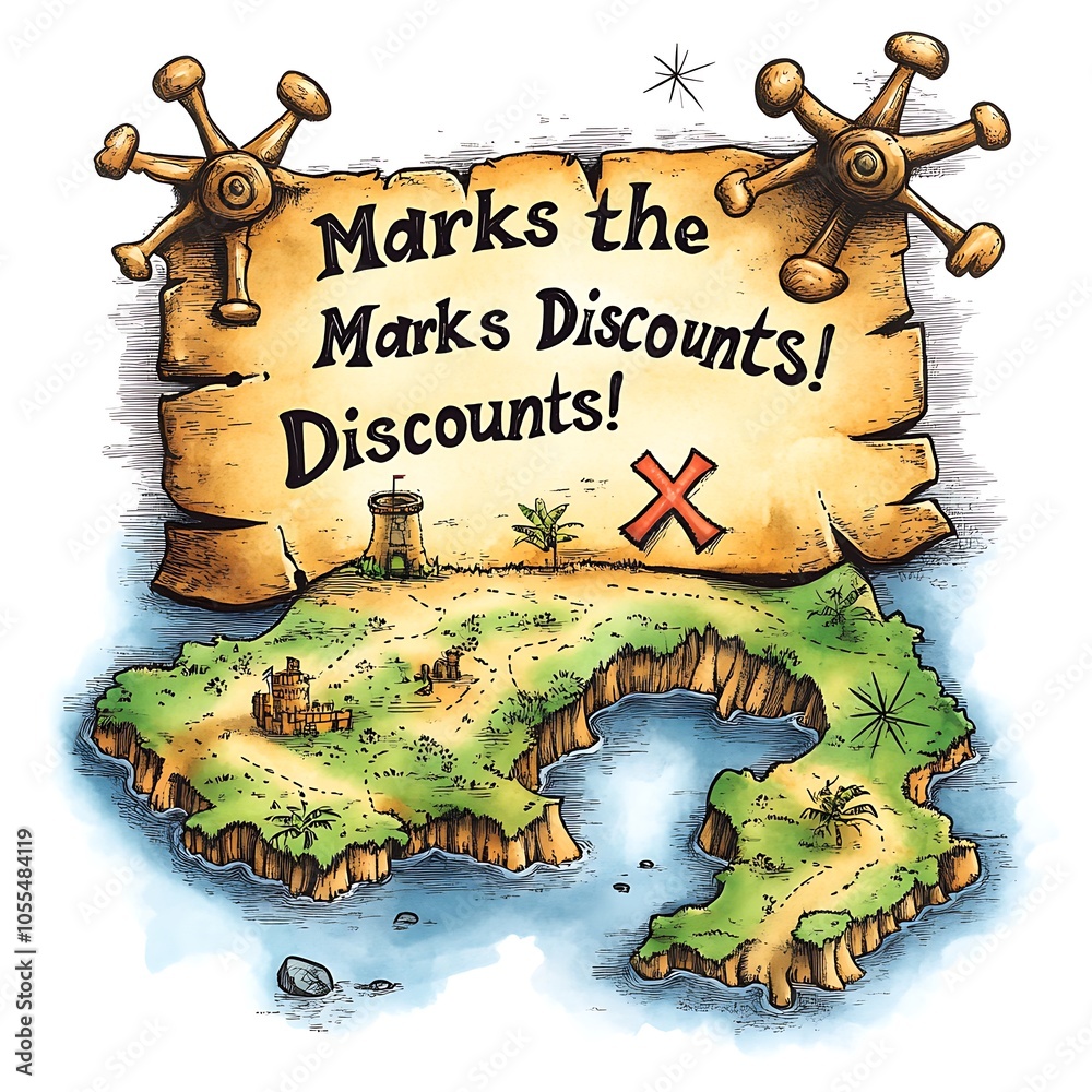 Cartoon treasure map with X marks the spot on a white background. Stock ...