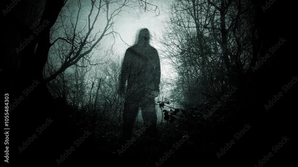 A double exposure of a hooded figure with a spooky horror figure ...