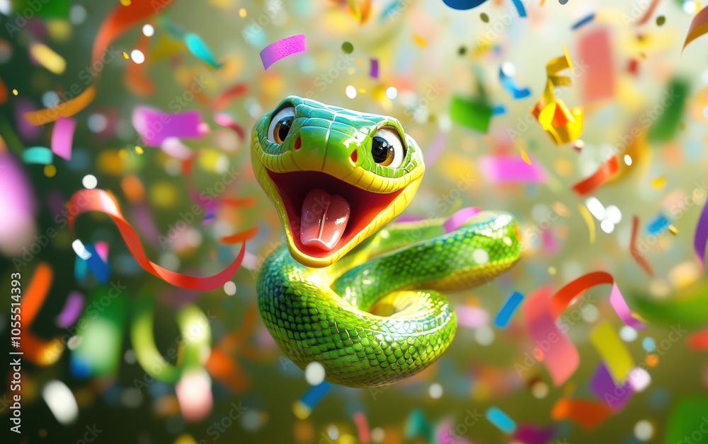 Smiling Snake and Confetti Background: A 3D cartoon green snake ...