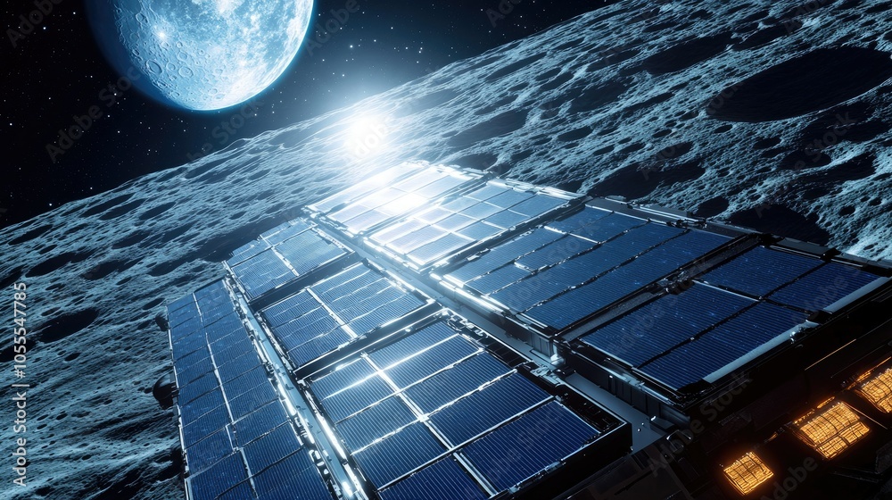 Solar panels deployed on the moon by a lunar base station, absorbing ...