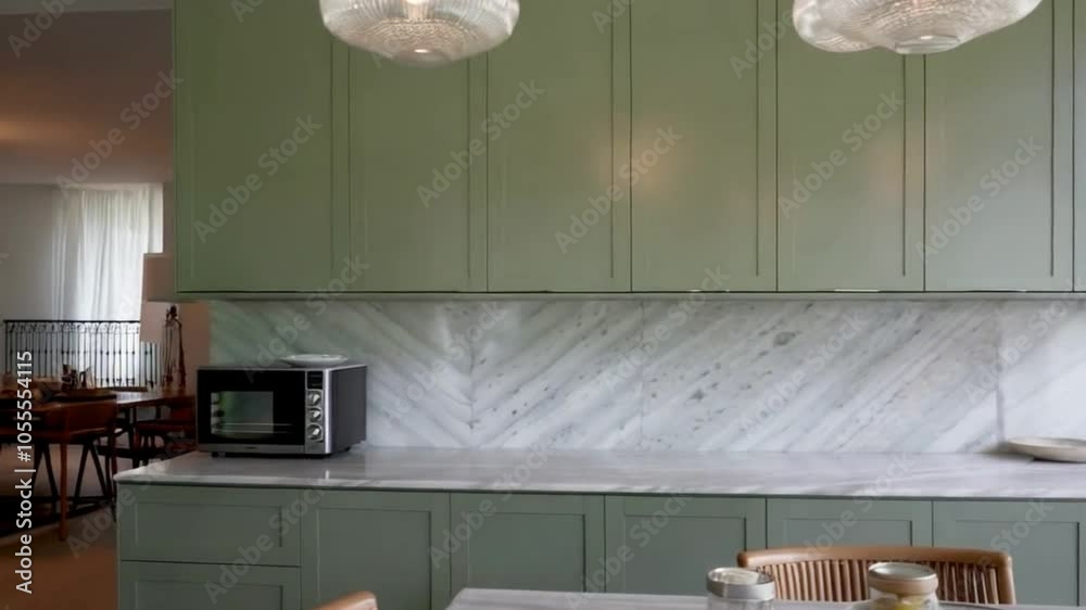 An open-concept kitchen and dining area with soft sage green cabinets ...