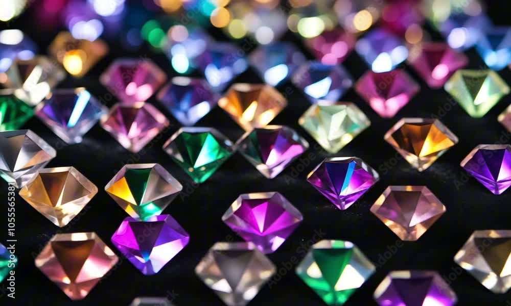 Crystals sparkling on a black velvet surface, shifting light creates ...