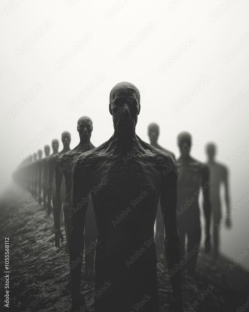 A monochromatic work depicting a long, winding line of shadowy figures ...