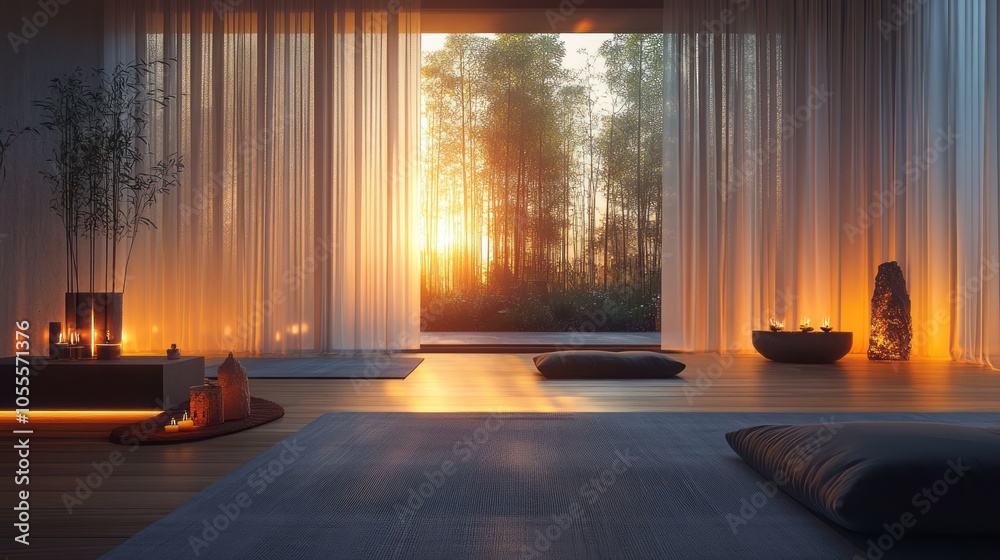 A modern meditation room with soft, diffused lighting, floor-to-ceiling ...