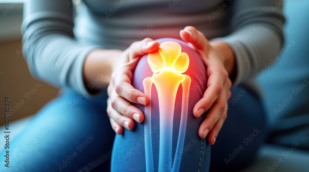 Detailed illustration of knee anatomy over a photo of hand holding knee ...