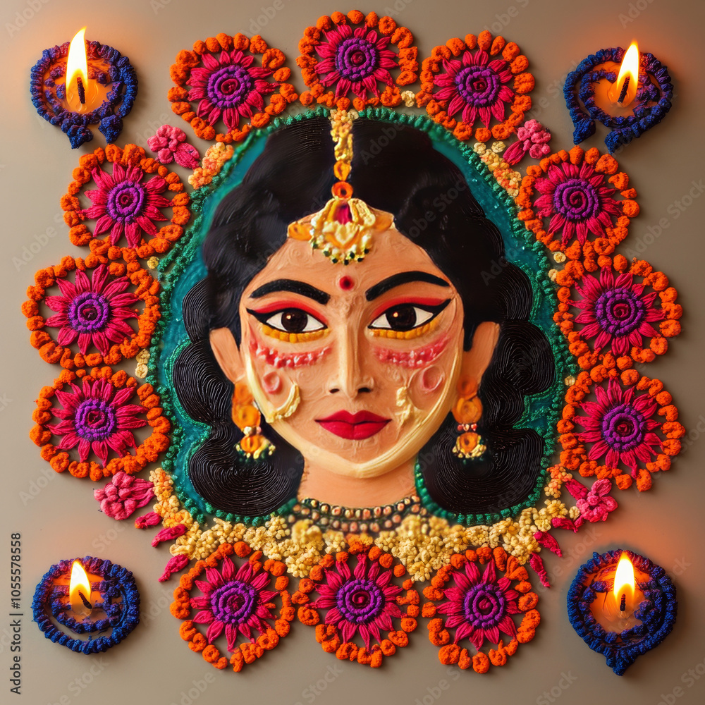 A beautiful banner featuring a portrait made with rangoli, perfect for celebrating Diwali, the ...