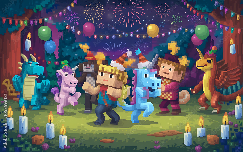 Pixelated characters celebrate with fireworks and festive decorations ...