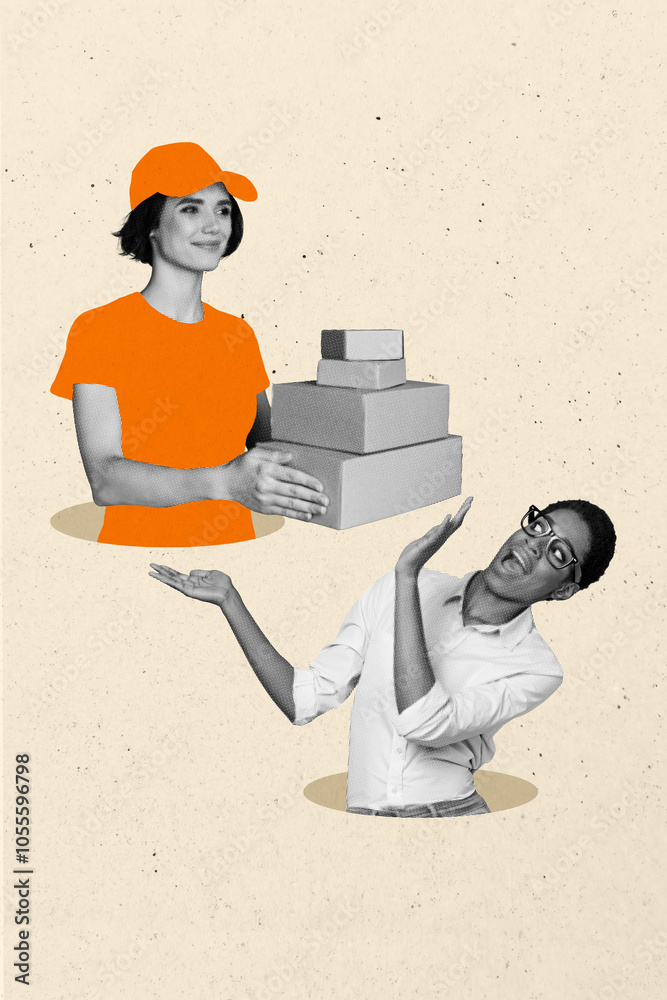 Vertical photo collage of two happy girls buyer american postal worker ...