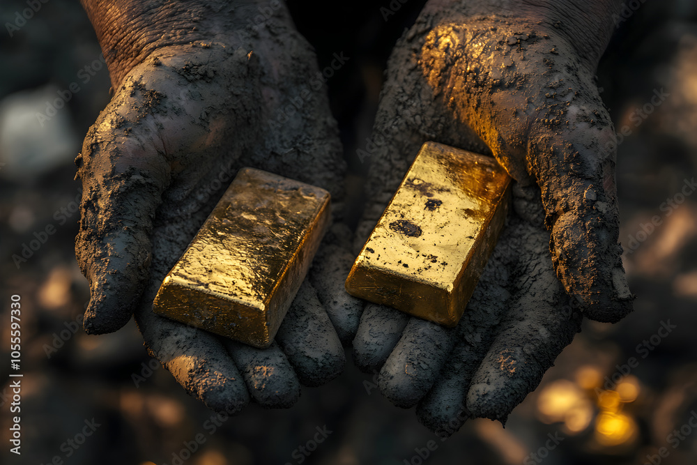 The muddy and dirty hands of a gold digger found a gold bar in a gold ...