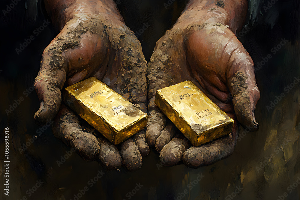 The muddy and dirty hands of a gold digger found a gold bar in a gold ...