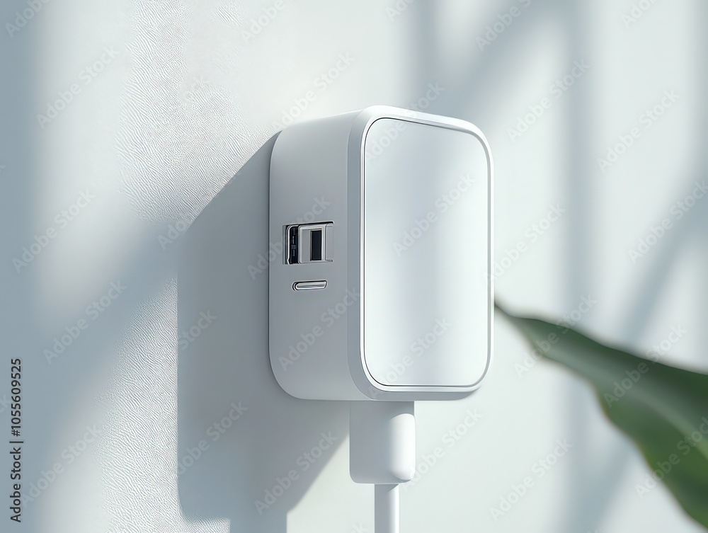 Close-up of white wall charger with USB-C port on clean white ...
