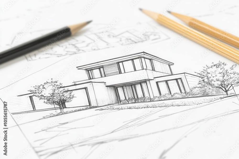 This detailed pencil sketch depicts a modern residence characterized by ...