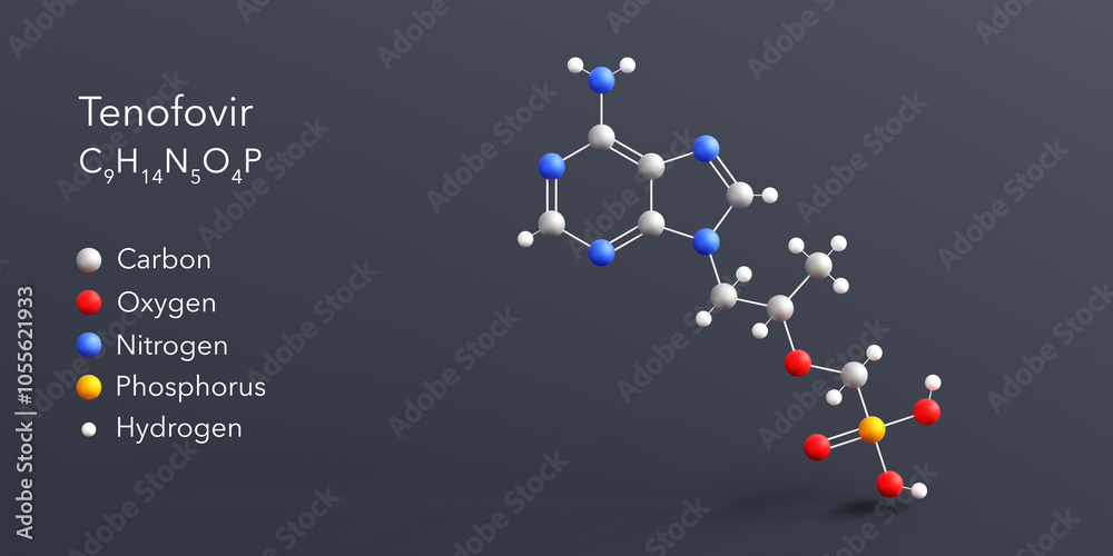 Tenofovir molecule 3d rendering, flat molecular structure with chemical ...