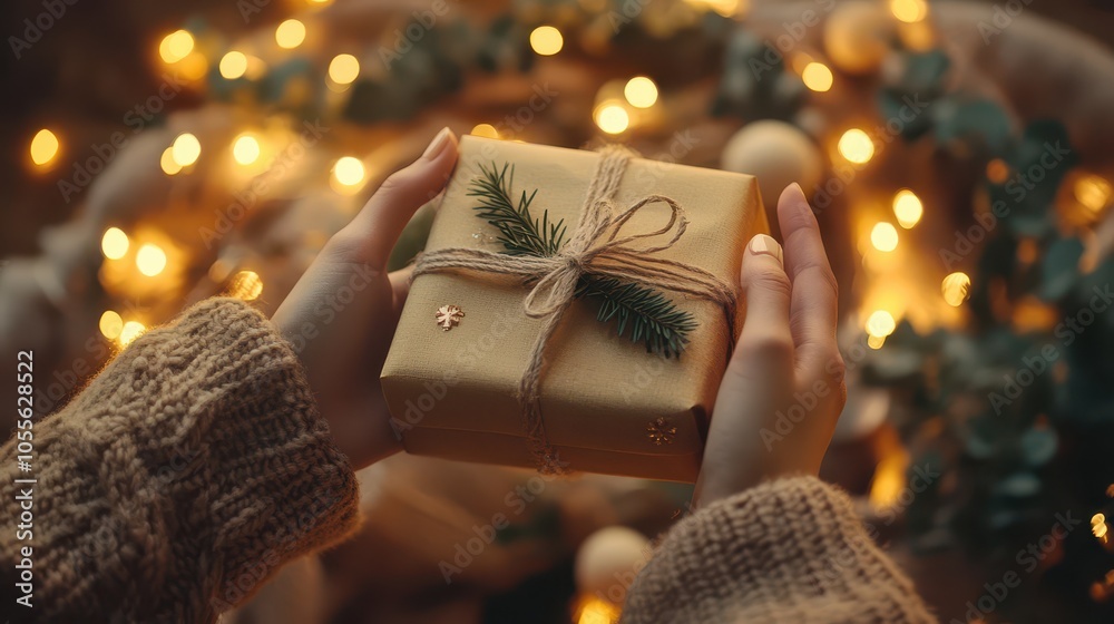 Warm Winter Gift Exchange: Hands in Chunky Knit Sweaters Amidst Pine ...