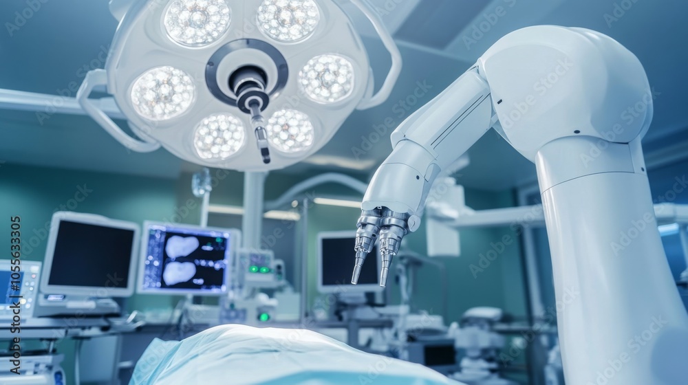 A robotic surgical arm is poised over a surgical table in a state-of ...