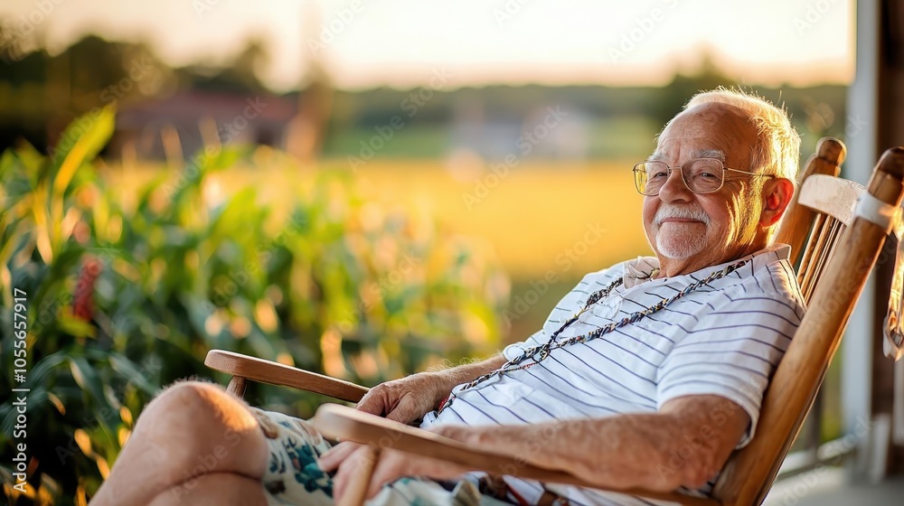 A personal portrait of a senior citizen sitting on a rocking chair on a ...