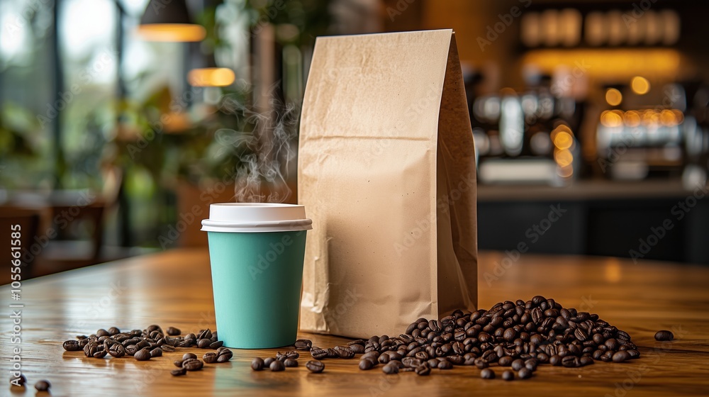 Steaming coffee cup and a brown paper bag on a wooden table with ...