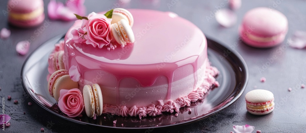 Modern French Mousse Cake With Pink Mirror Glaze Decorated With ...