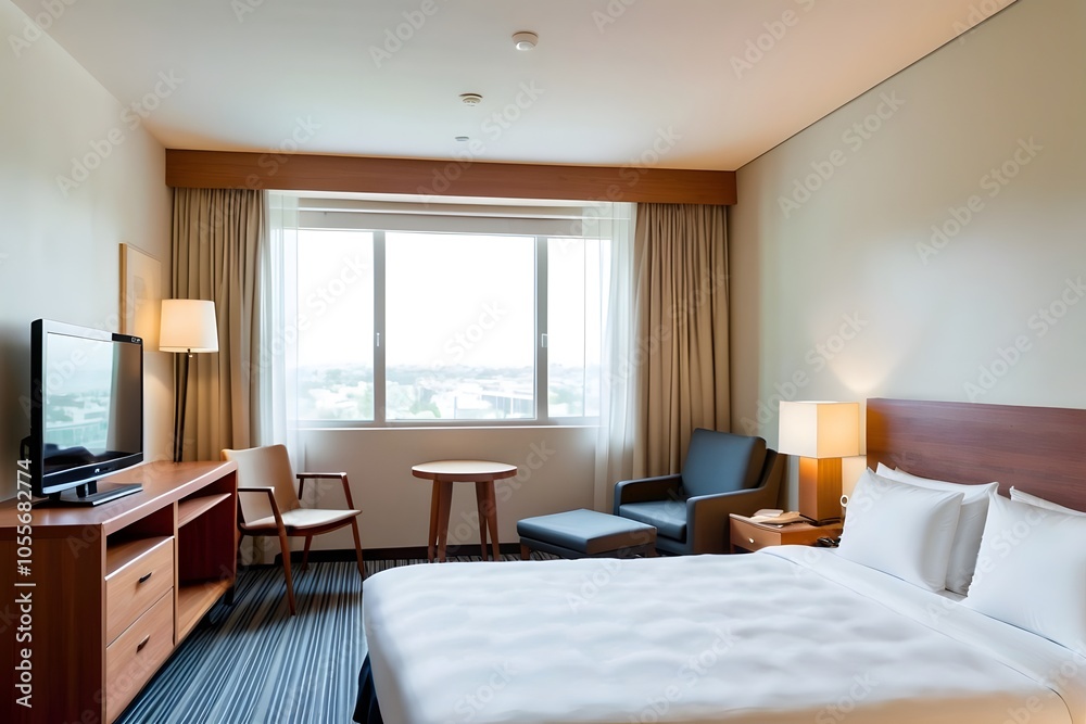 Minimal hotel room with a double bed, tv, and windows. Stock Photo ...