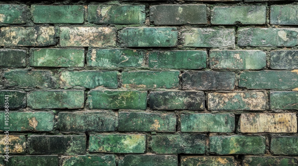 A green brick wall featuring diverse textures and shades creating a ...