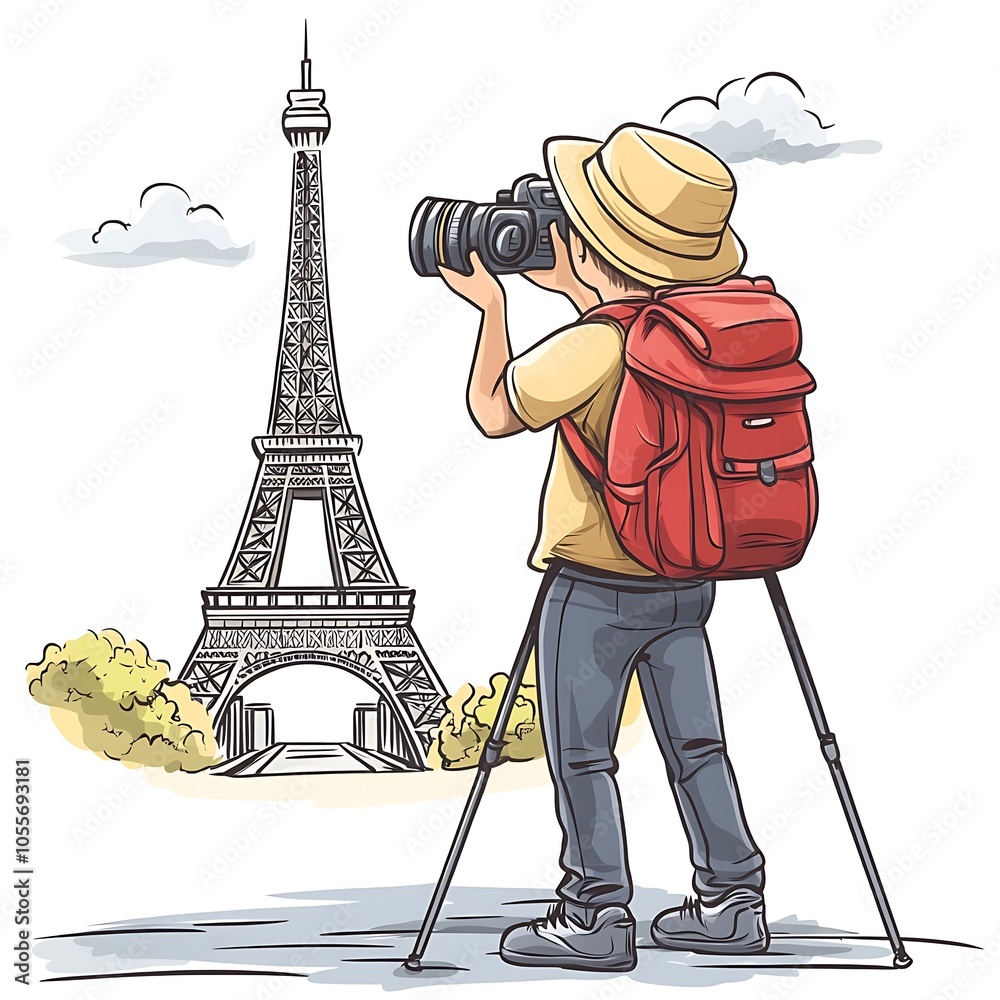 Cartoon tourist taking photos in front of a famous monument on a white ...