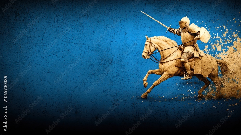 High-definition photograph of a valiant knight on horseback charging ...