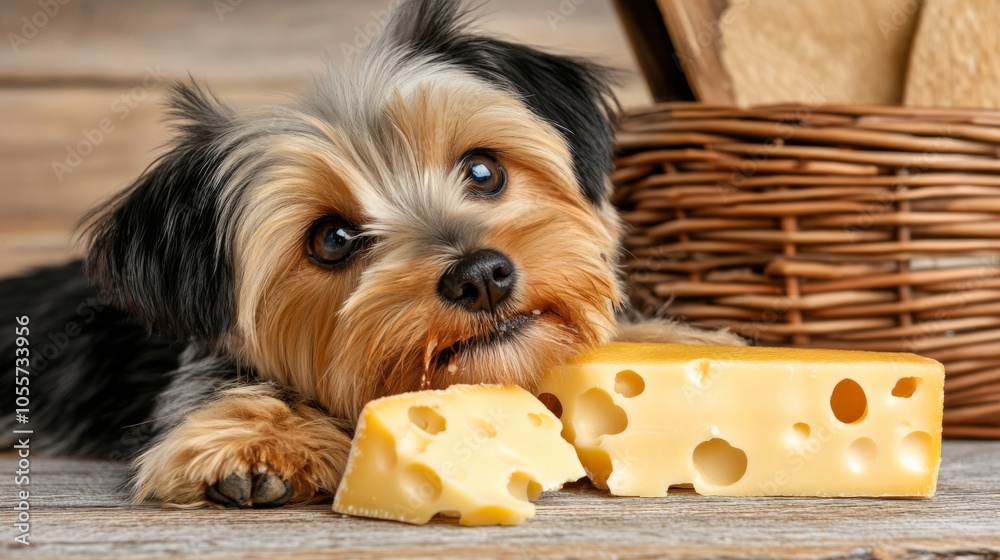 Yorkshire terrier puppy eats cheese from table. Dog food. Training ...