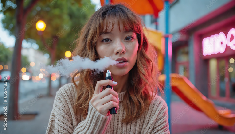Young woman in an urban setting. She is holding a vape pen and appears ...