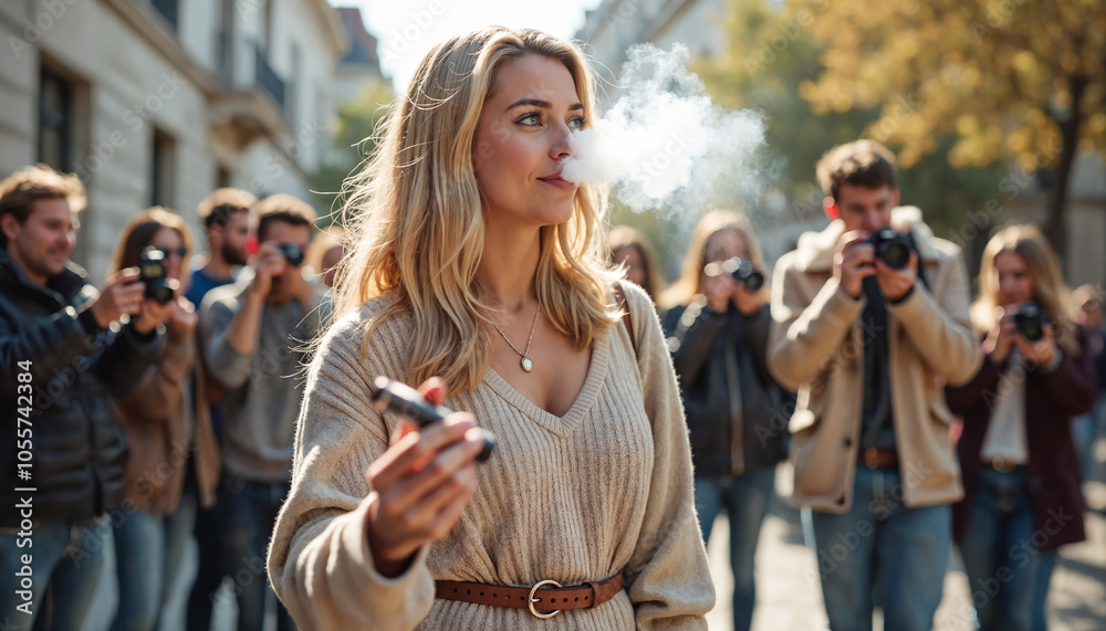 Woman in the foreground, holding a vape pen and exhaling smoke. She ...