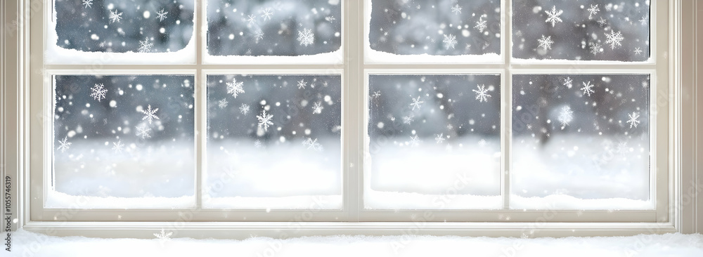 A cozy winter scene viewed through a snow-covered window with falling ...
