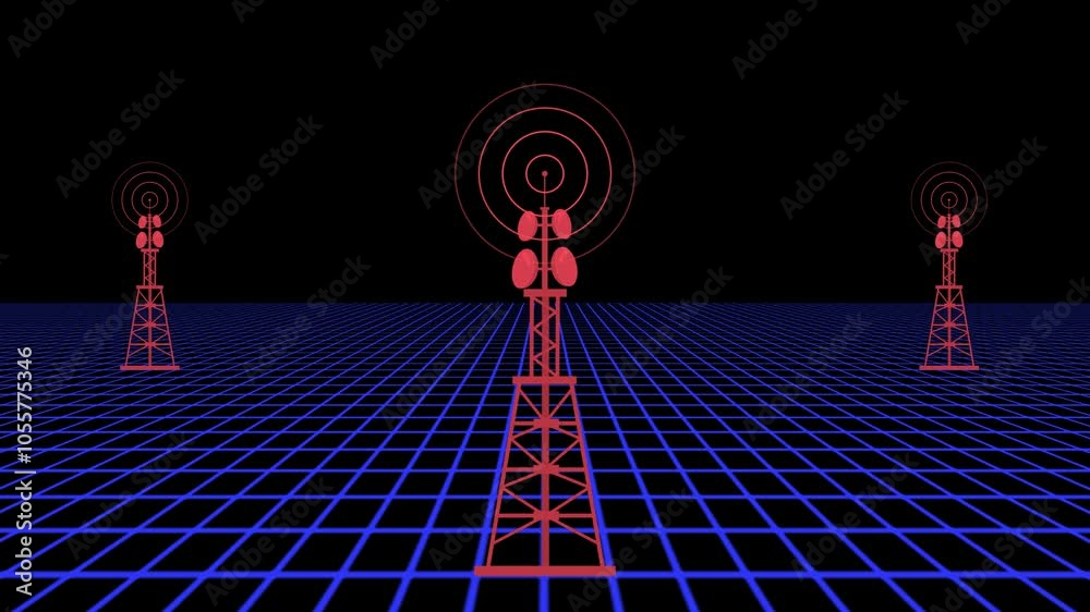 radio tower network connecting animation, Digital radio wave station ...