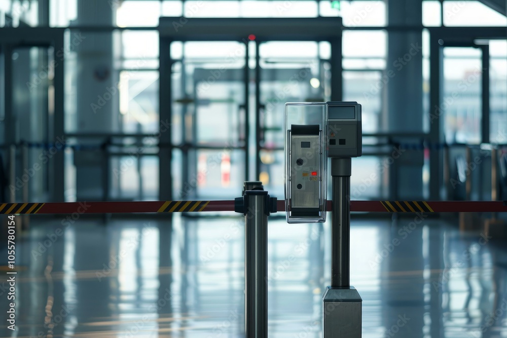 Empty airport terminal with security checkpoint and boarding pass ...