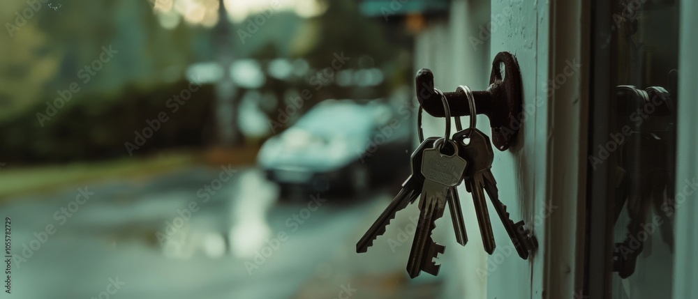 Keys dangle from a hook by a window, overlooking a misty driveway ...