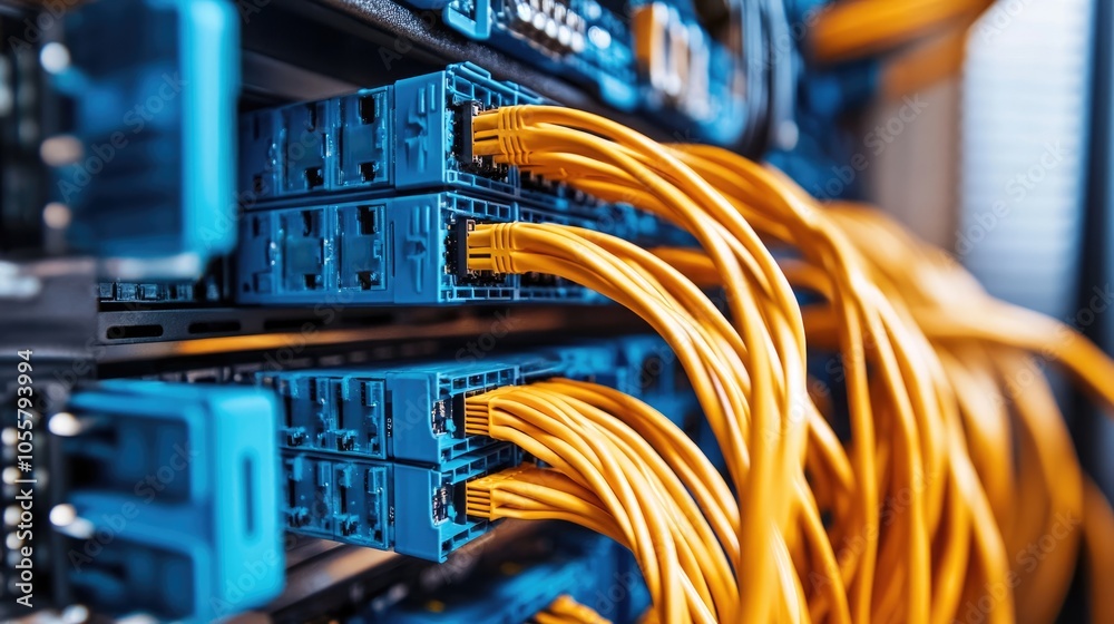 Close up image of organized networking cables in a busy server room ...