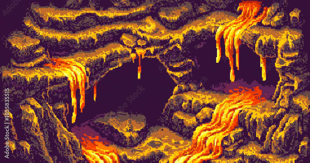 8bits Pixel art of a lava cave, top-down view, fantasy game concept art ...