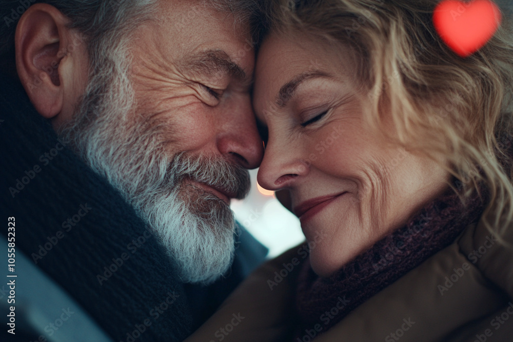 An elderly couple shares a tender, close moment, eyes closed and ...