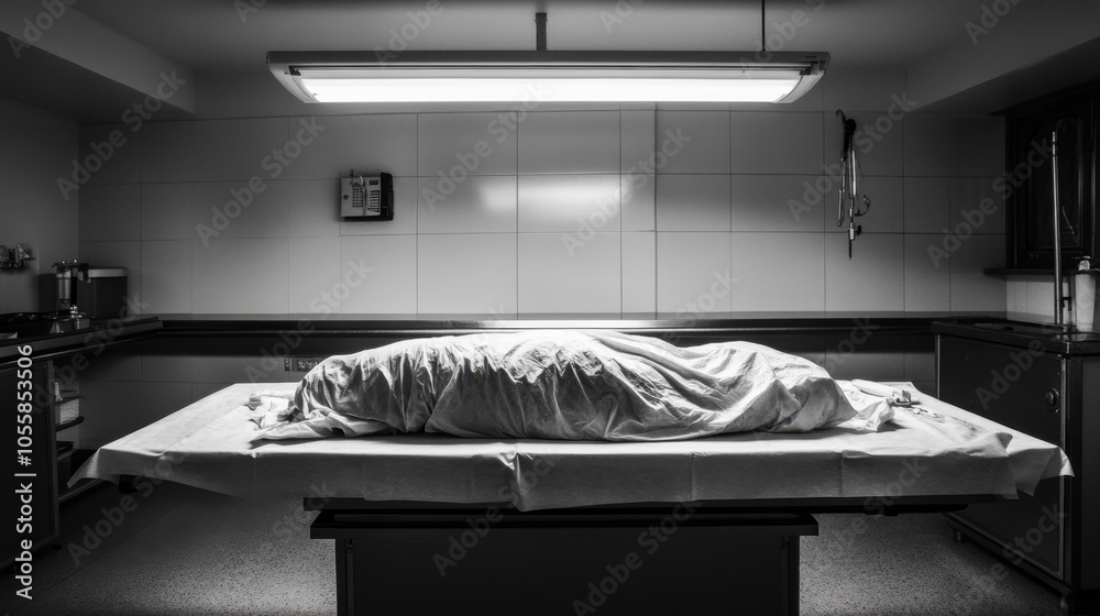Dark morgue, fluorescent light casting shadows over a covered body on ...