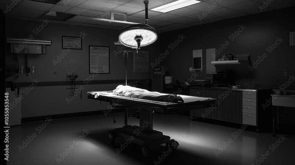 Dark morgue, fluorescent light casting shadows over a covered body on ...