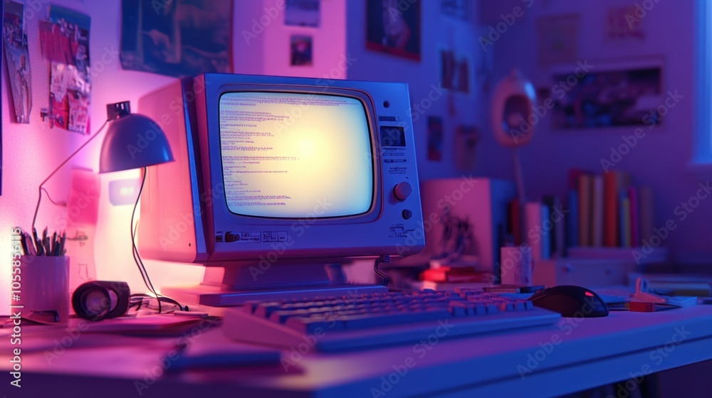 Dusty, retro computer on a cluttered desk, faint glow from the screen ...