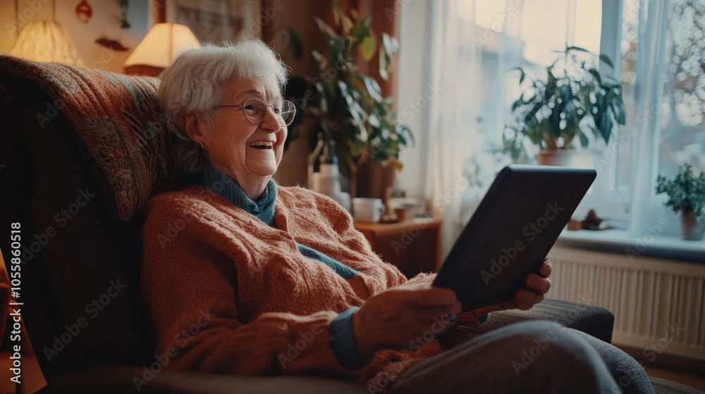 Virtual companionship - An elderly person engaging in a video call on a ...