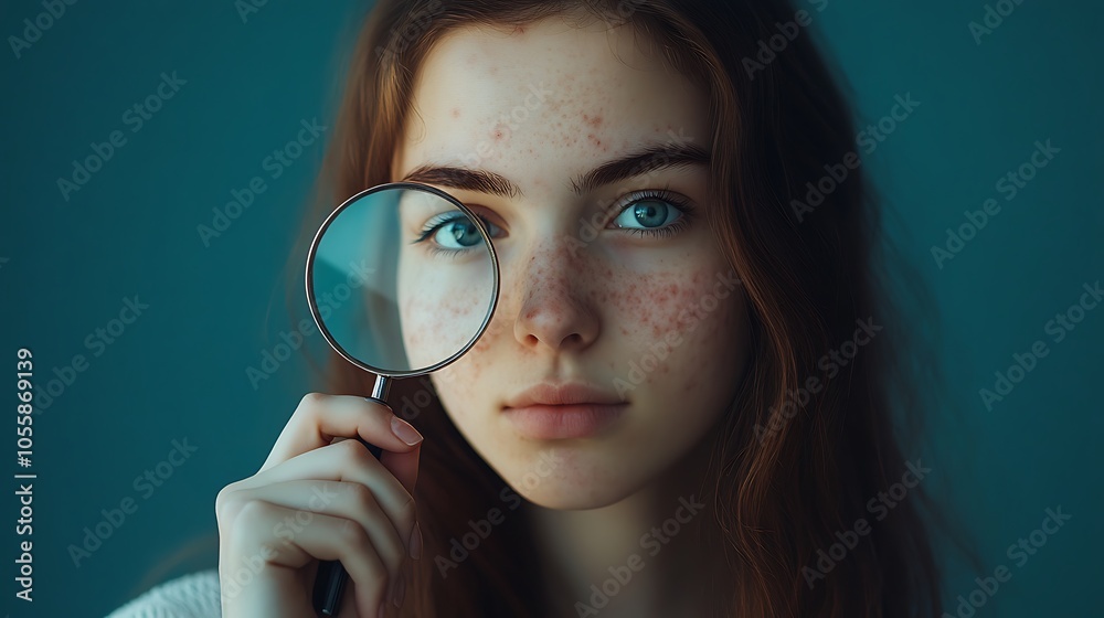 Young woman with acne-prone skin, holding a magnifying glass to focus ...