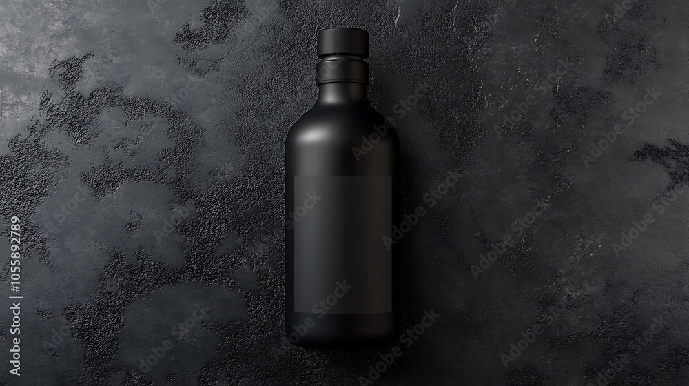 Black matte bottle mockup with blank label area, standing on a textured ...