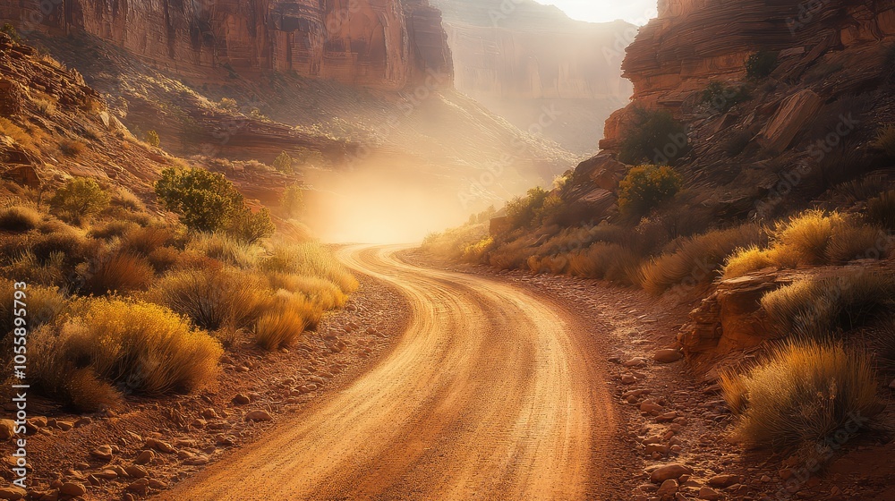 A dusty road through a remote canyon, with rocks and dry shrubs lining ...